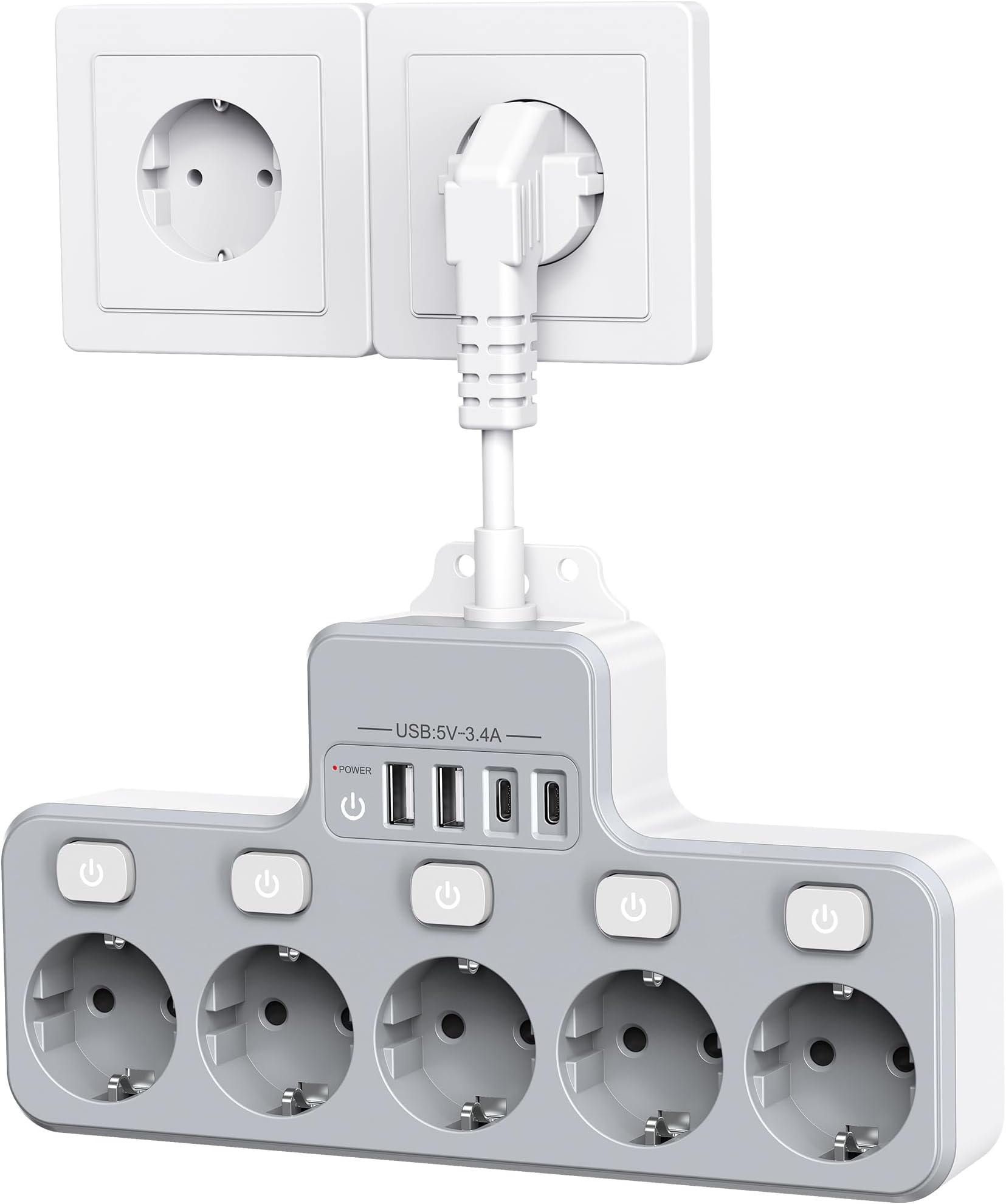 Beş Priz Bağımsız Anahtar 5 Soket ve 4 USB şarj Cihazıyla,Anahtarlı ...