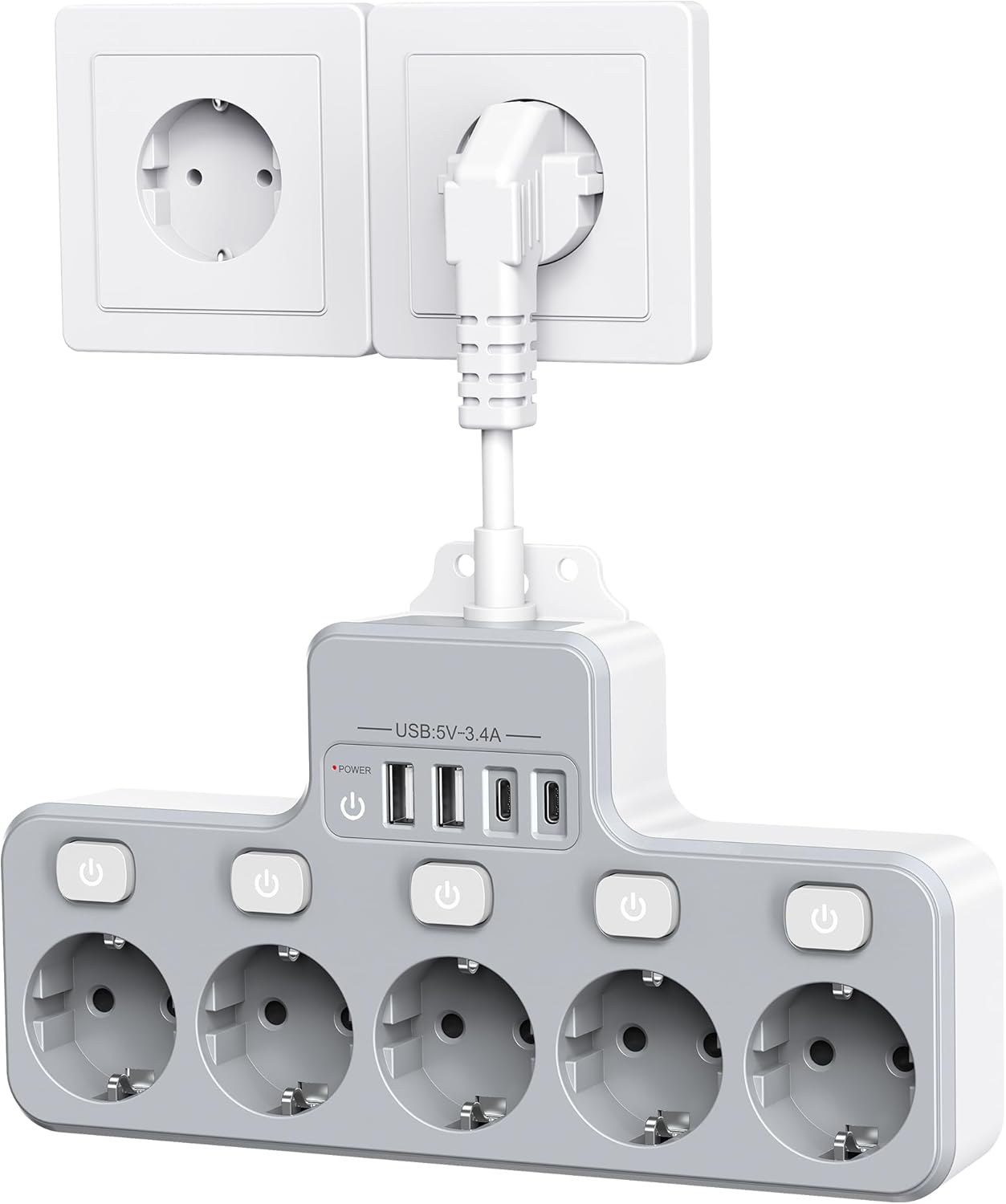Beş Priz Bağımsız Anahtar 5 Soket ve 4 USB şarj Cihazıyla,Anahtarlı ...