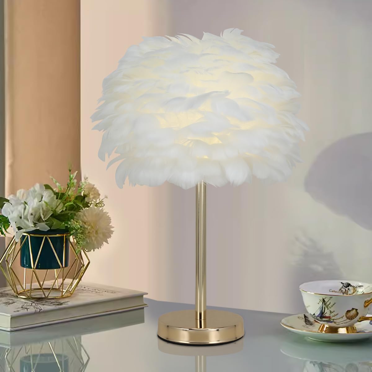 ZYLEIESENBAO White Feather Table Lamp Girl's Gift Gold White Goose ...