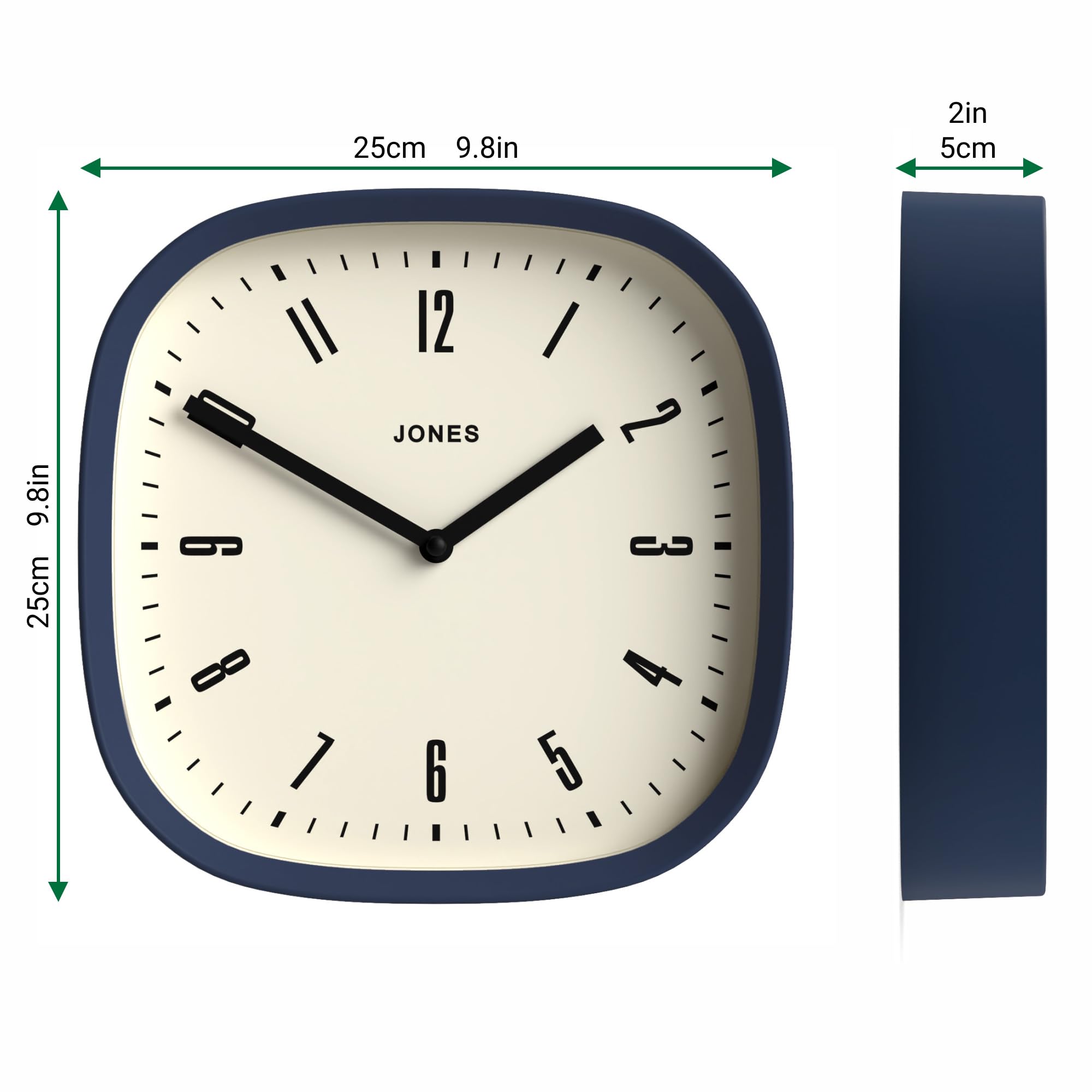 Jones Clocks Marvel wall clock | Retro rounded square clock | 25cm ...