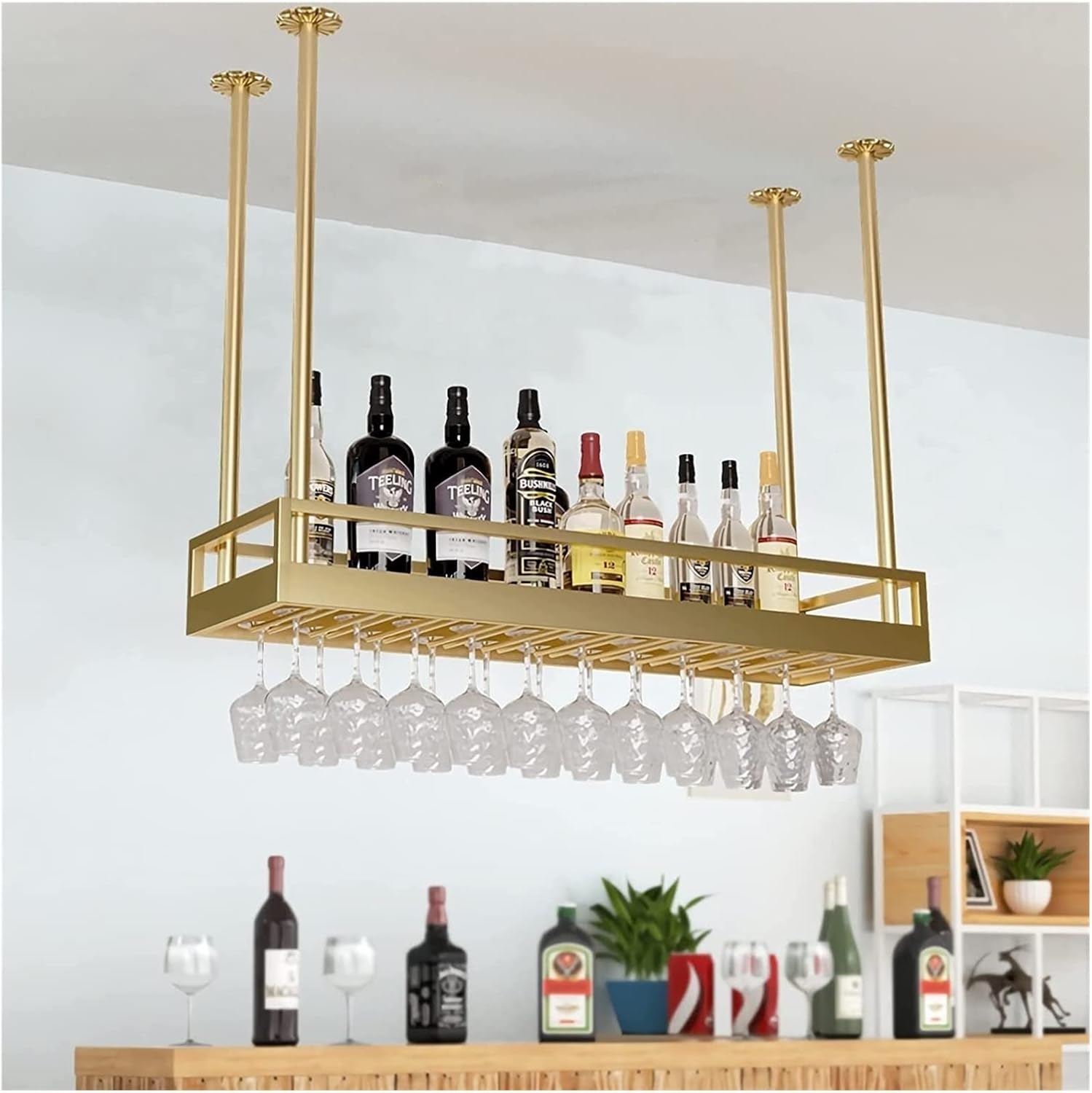 Industrial Vintage Bar Floating Shelf, Ceiling Mounted Hanging Wine ...