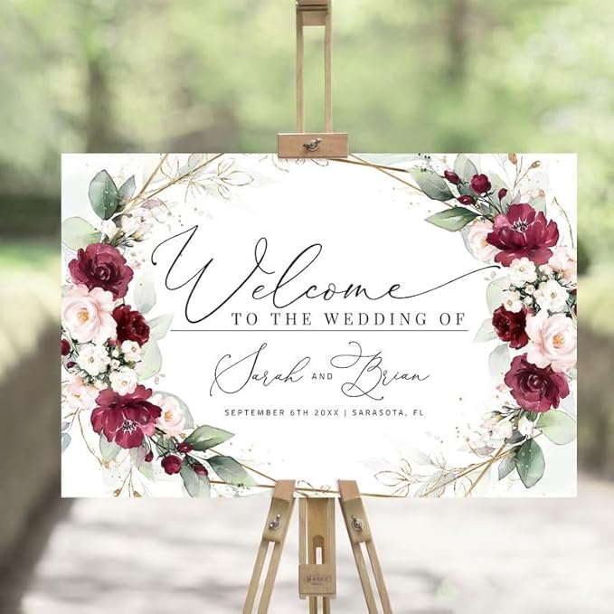 Amazon.com: Burgundy Wedding Welcome Sign, Burgundy and Greenery ...