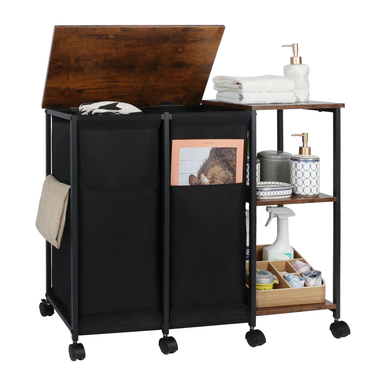 Double Laundry Hamper with Shelf and Two 300D Oxford Cloth Bags, Wooden ...