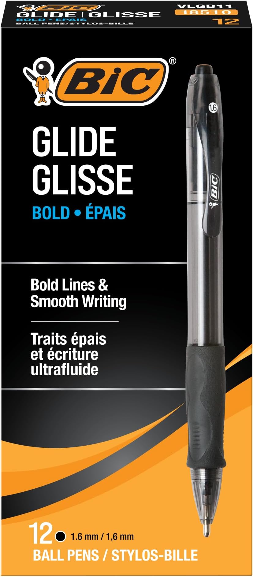 BIC Glide Bold Black Ballpoint Pens, Bold Point (1.6mm), 12-Count Pack ...