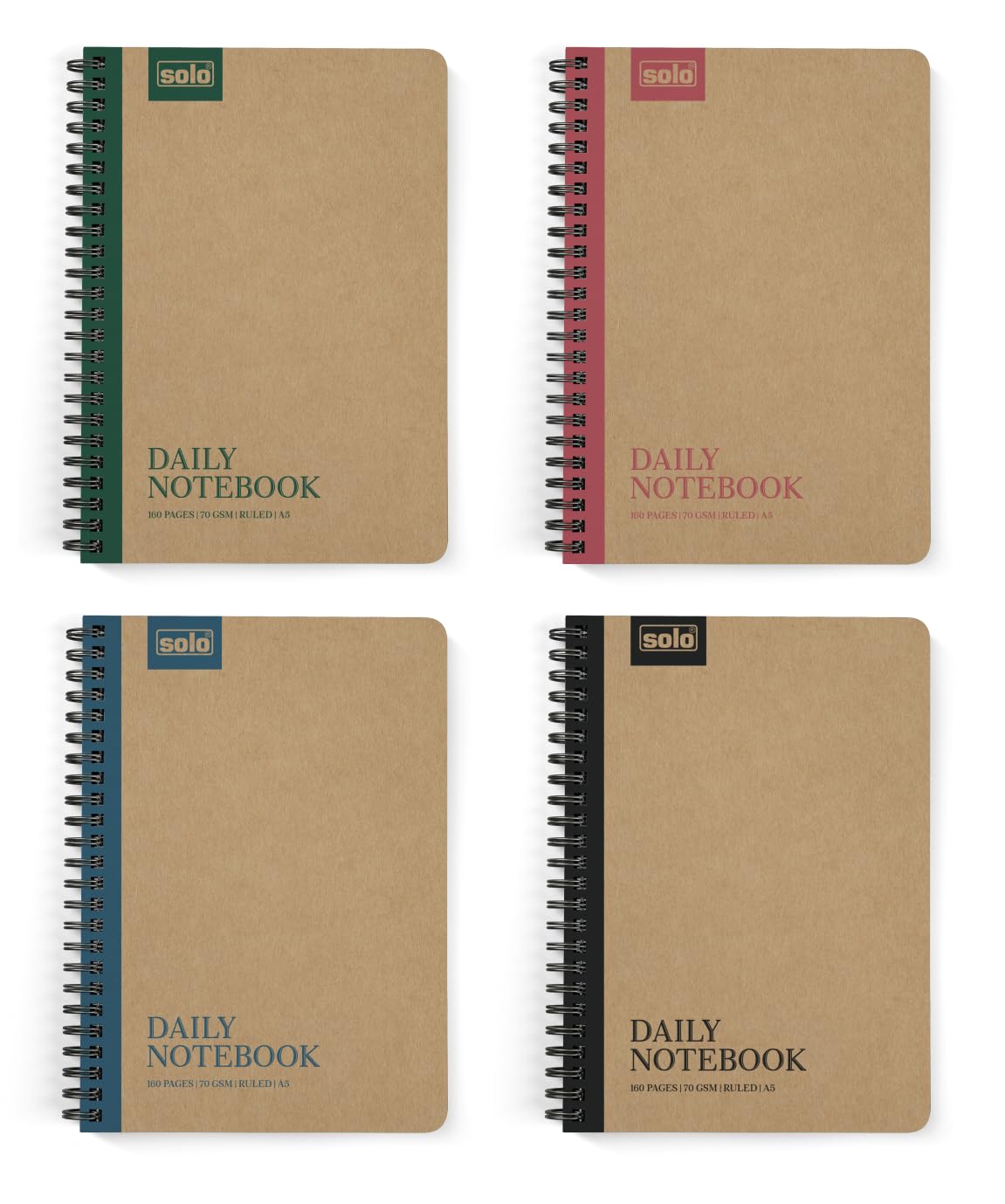 SOLO A5 Daily Notebook Pack of 4 Kraft Cover Spiral Wiro Bound Ruled ...