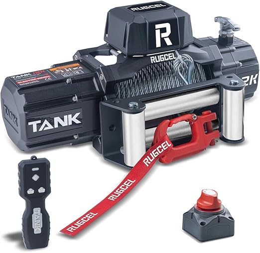 RUGCEL 12000lb New Waterproof Electric Steel Rope Winch 12V with Hawse Fairlead,2 in 1 Wireless ...