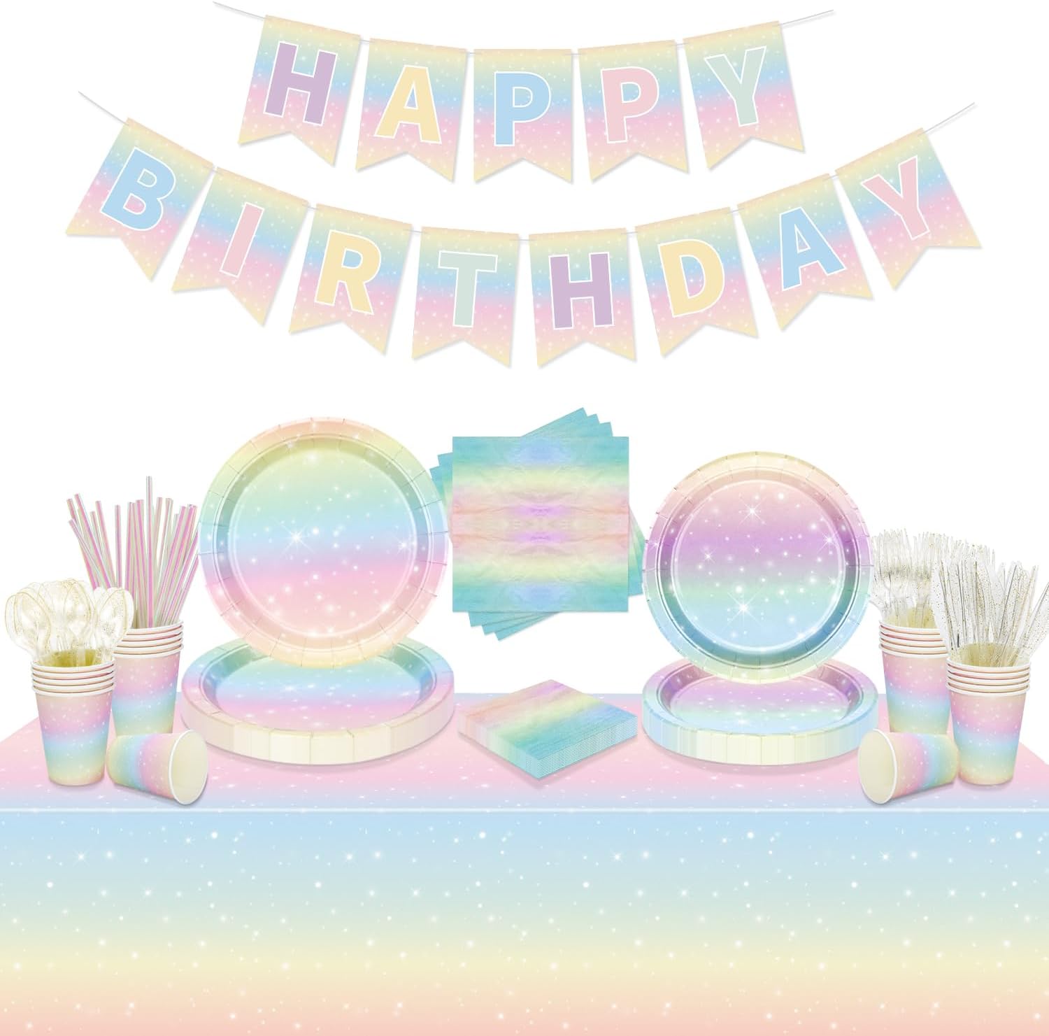 Amazon.com: Pastel Rainbow Birthday Party Supplies, Includes Happy ...