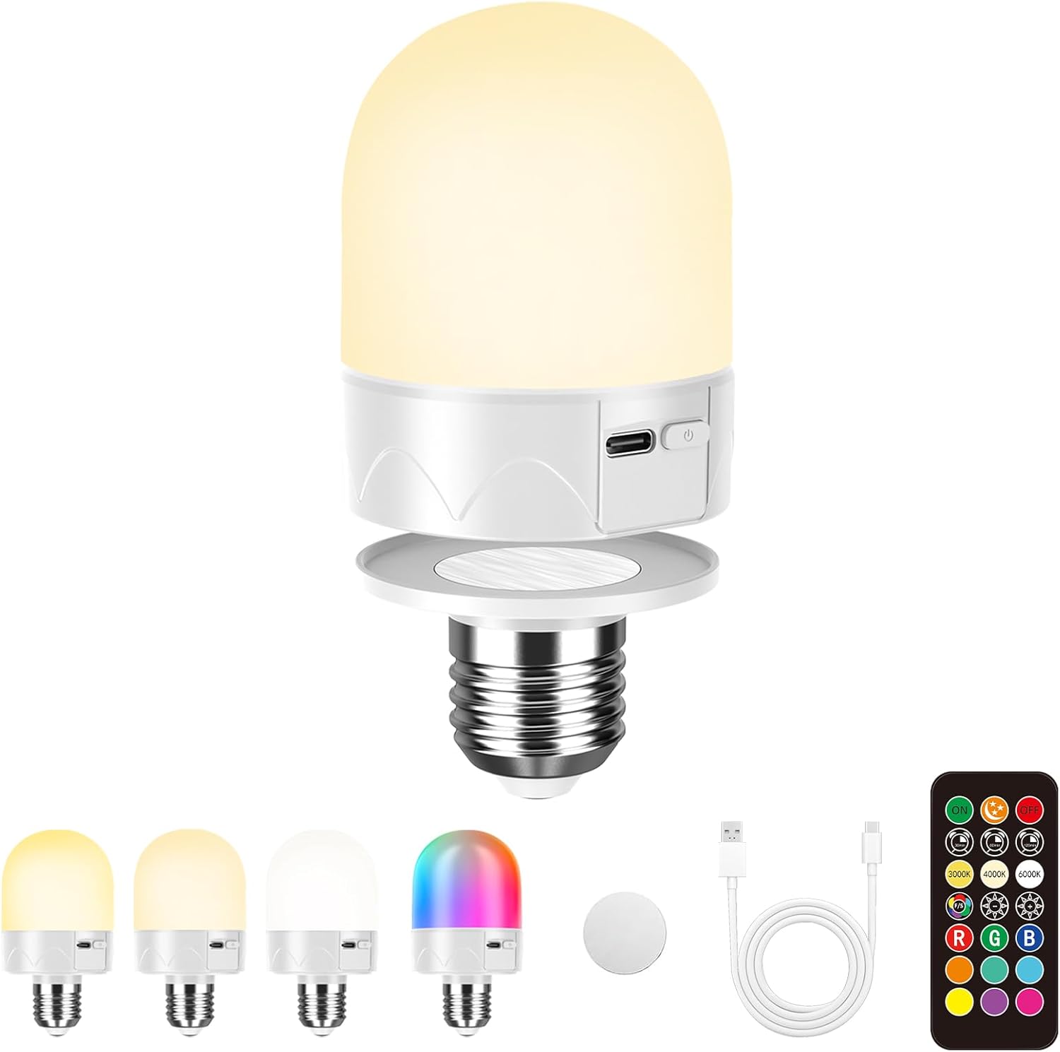 USB Rechargeable Light Bulb With Remote Control, E26 Battery Operated ...