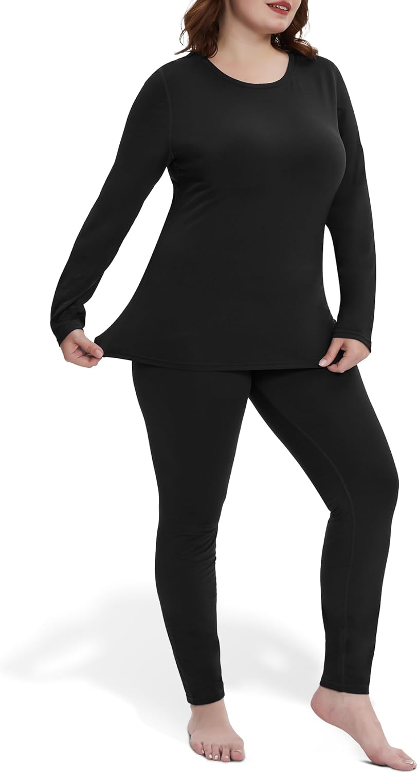 FOREYOND Plus Size Thermal Underwear for Women Long Johns Fleece Lined Base Layer Pajama Top and ...