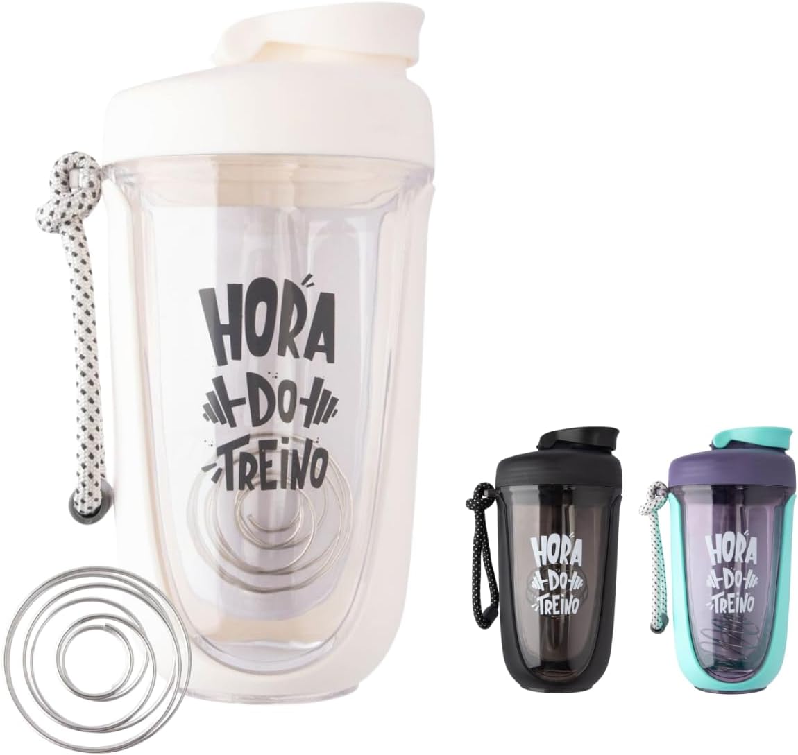 Coqueteleira Shaker Squeeze Com Esfera Treino Academia 550ml Frase Hora do Treino Mola (Branco ...