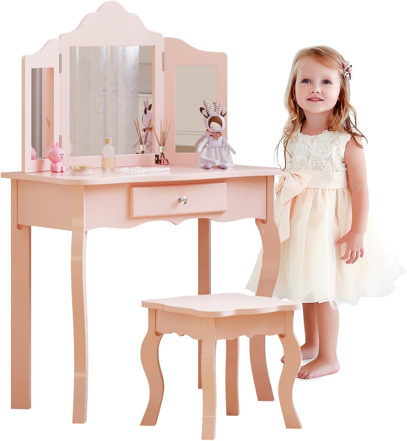 Jooli Girls Dressing Table with Mirror and Stool, Kids Wooden Vanity ...