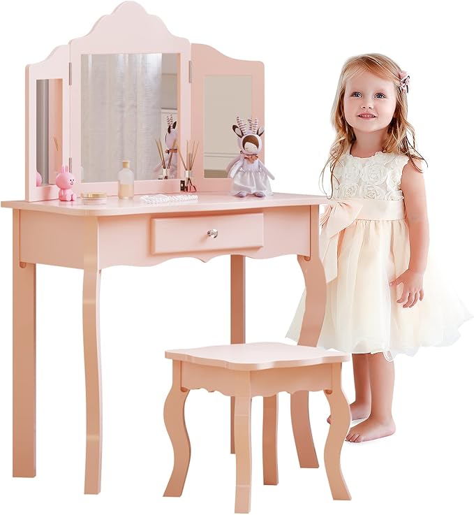 Jooli Girls Dressing Table with Mirror and Stool, Kids Wooden Vanity ...