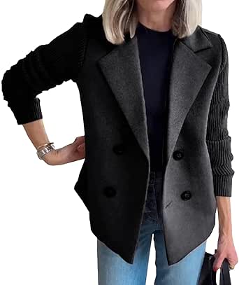 Sweater Blazer for Women Double Breasted Pea Coat Lapel Button Knitted ...