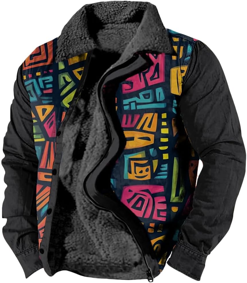 Men's Western Aztec Jackets Vintage Print Cowboy Country Warm Sherpa ...