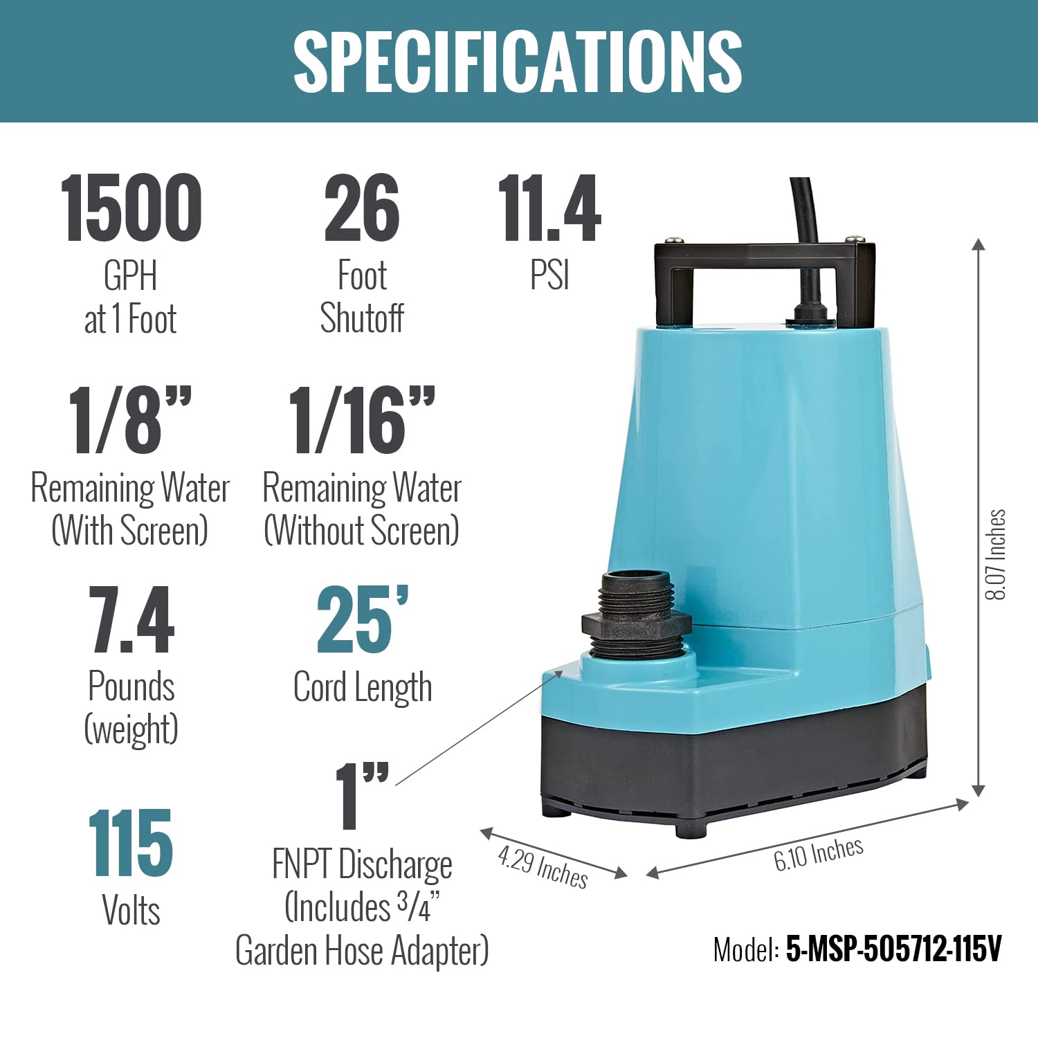 Little Giant 505712 5-Series Aluminum Pump, Manual Utility, 1500 GPH ...