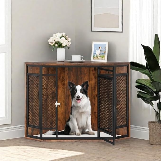 Amazon.com: YITAHOME 52" Corner Dog Crate Furniture, Wooden Dog Kennel ...