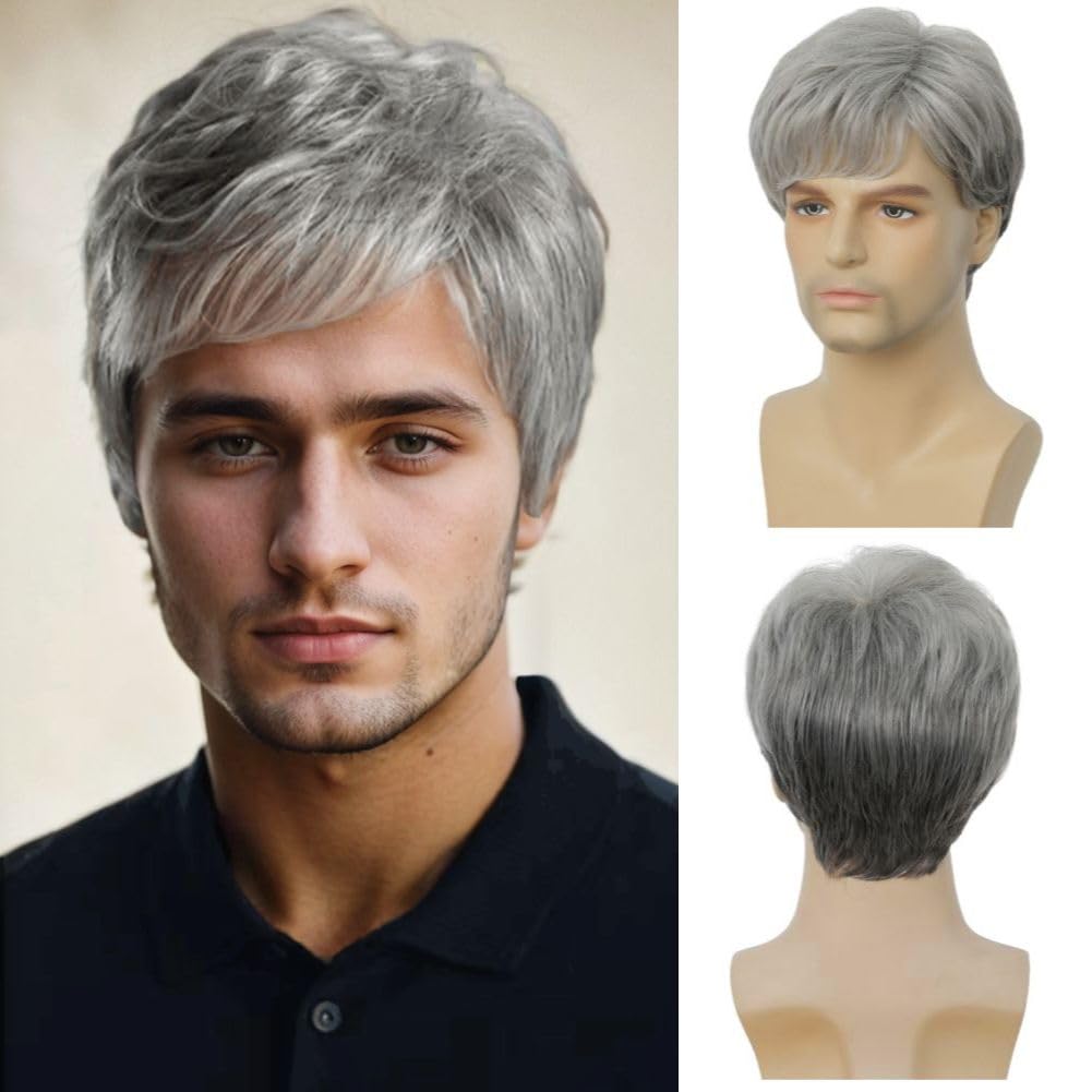 Siudus Mens Grey Short Wig Natural Looking Synthetic Fiber Male Hair ...