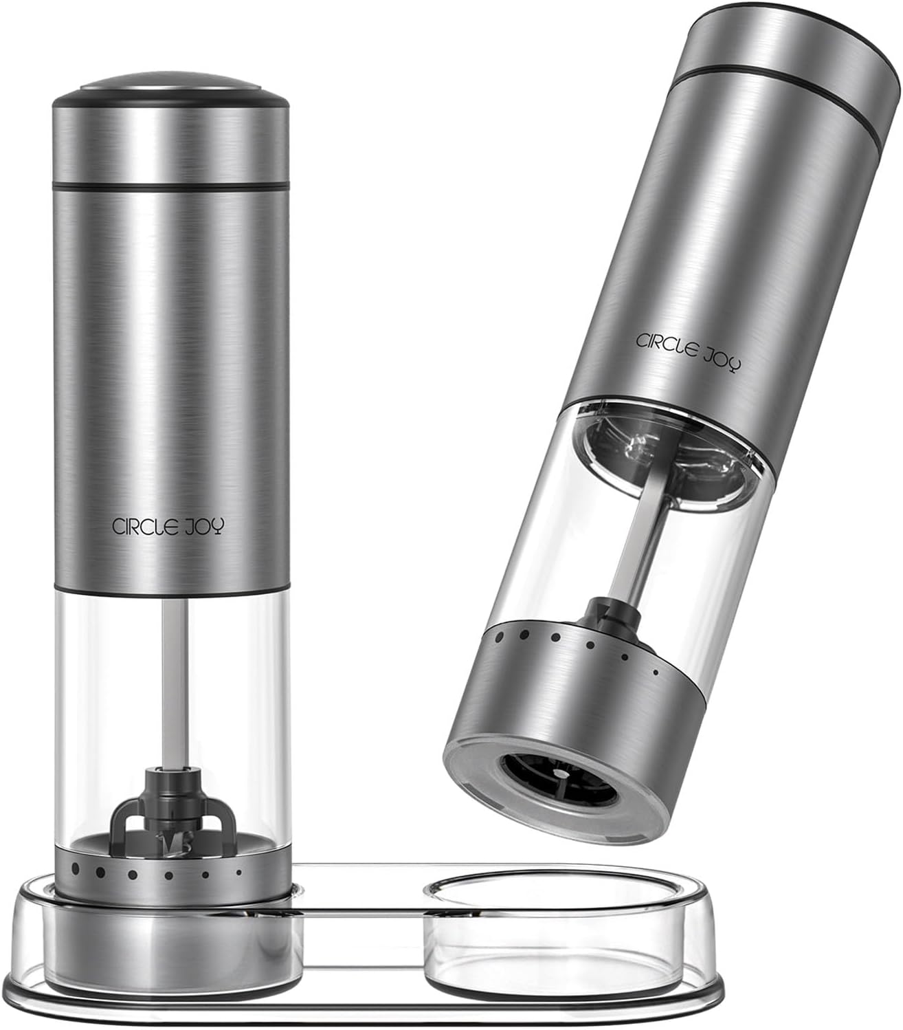 Amazon.co.jp: CIRCLE JOY ペッパーミル 電動 ステンレススパイスミル 電池式ペッパーミル 厚さを外部で調整する 95ml容器 収納ベース 白色LEDライト 2本セット ...