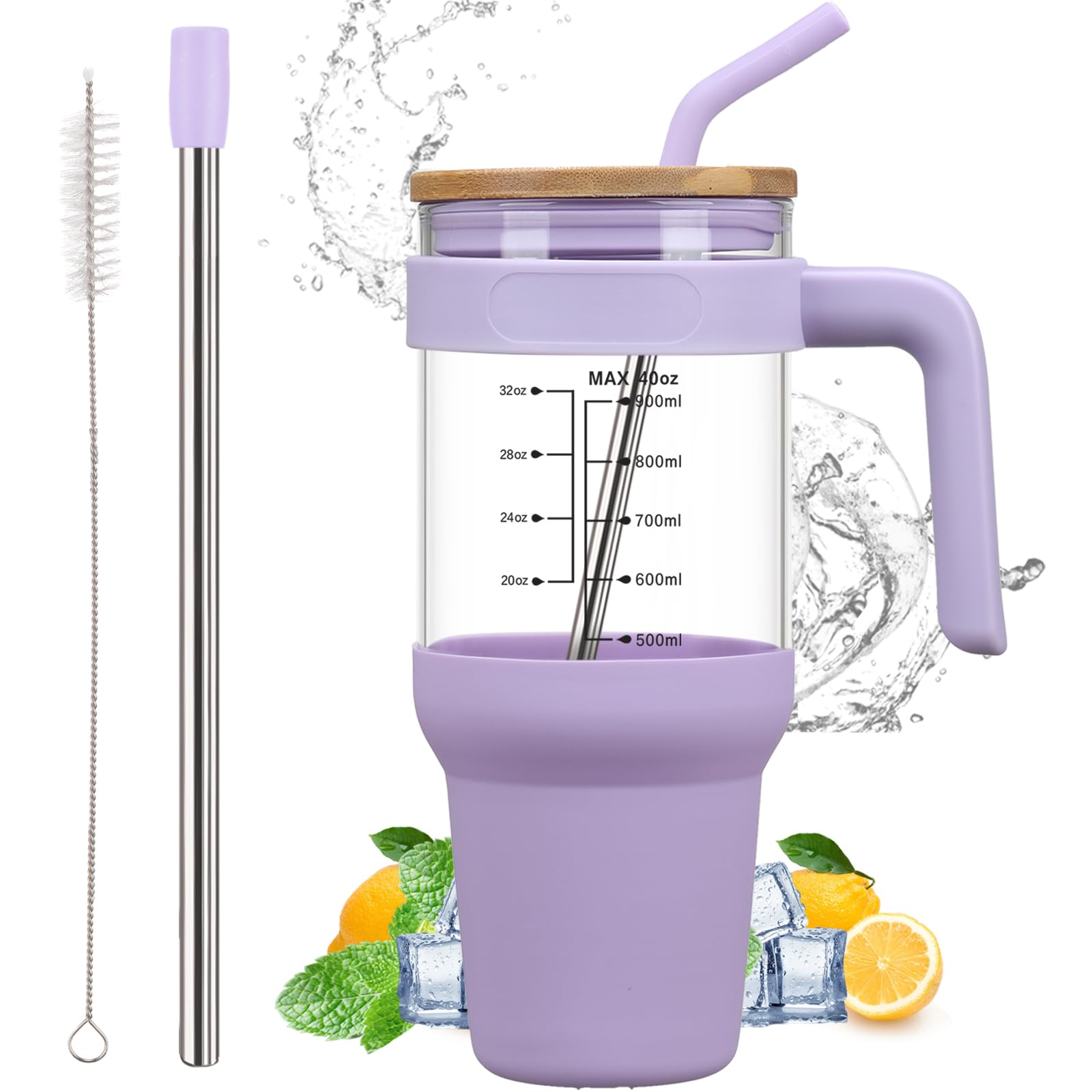 Glass Tumbler with Bamboo Lid and Straw, 40 oz Iced Coffee Cup with ...