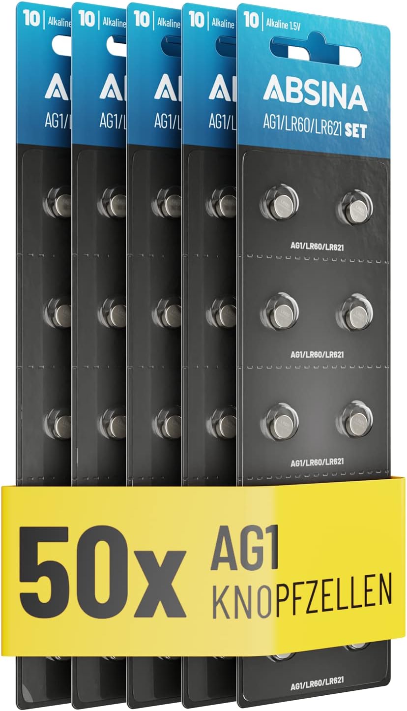 ABSINA AG1 LR621 Knopfzelle 10er Pack - 1,5V Alkaline Knopfzellen ...