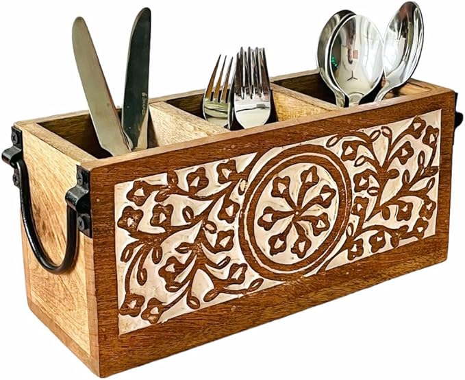 Amazon.com - 3 Compartment Farmhouse Wooden Flatware Caddy with Metal ...
