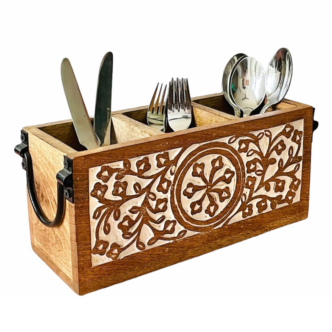Amazon.com - 3 Compartment Farmhouse Wooden Flatware Caddy with Metal ...