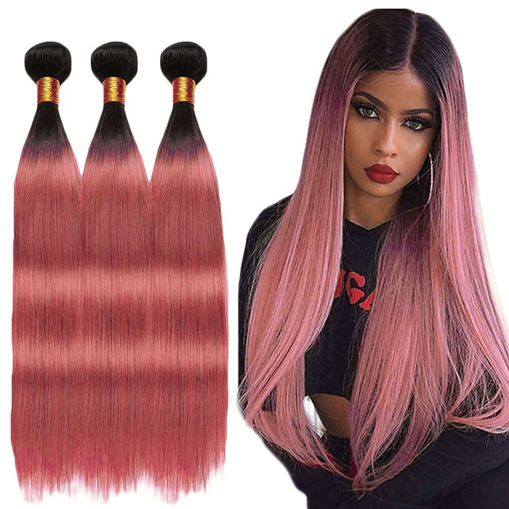 Amazon.com : 1b/Pink Straight Human Hair Bundles Ombre Bundles Color ...