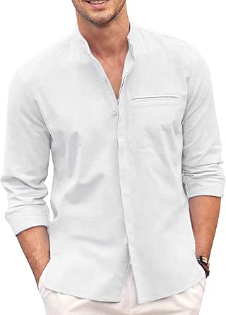 Amazon.com: COOFANDY Men's Cotton Linen Shirts Banded Collar Summer Shirts Casual Beach Wear ...