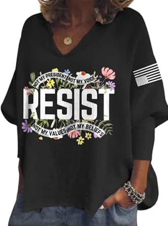 Amazon.com: Resist Shirt V Neck Long Sleeve Not My President Fdt Tshirt ...