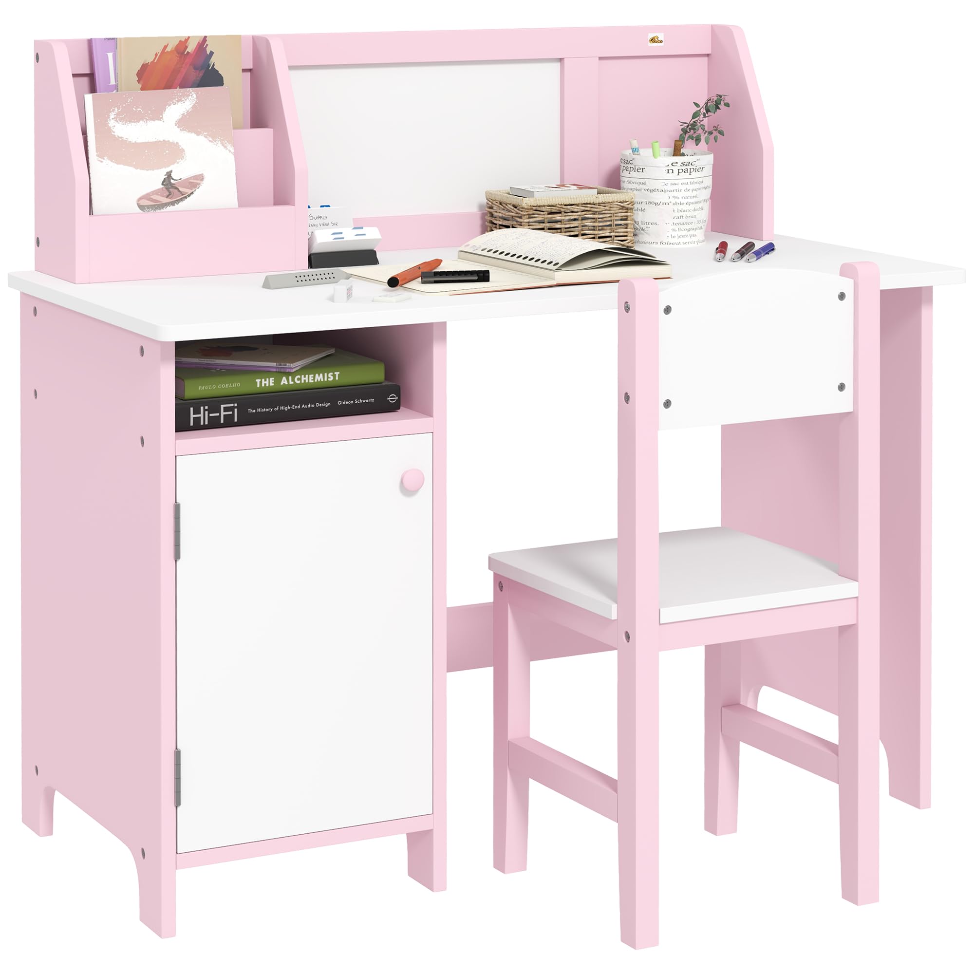 Qaba Kids Desk and Chair Set with Whiteboard, 2 Pieces Kids Study Table ...