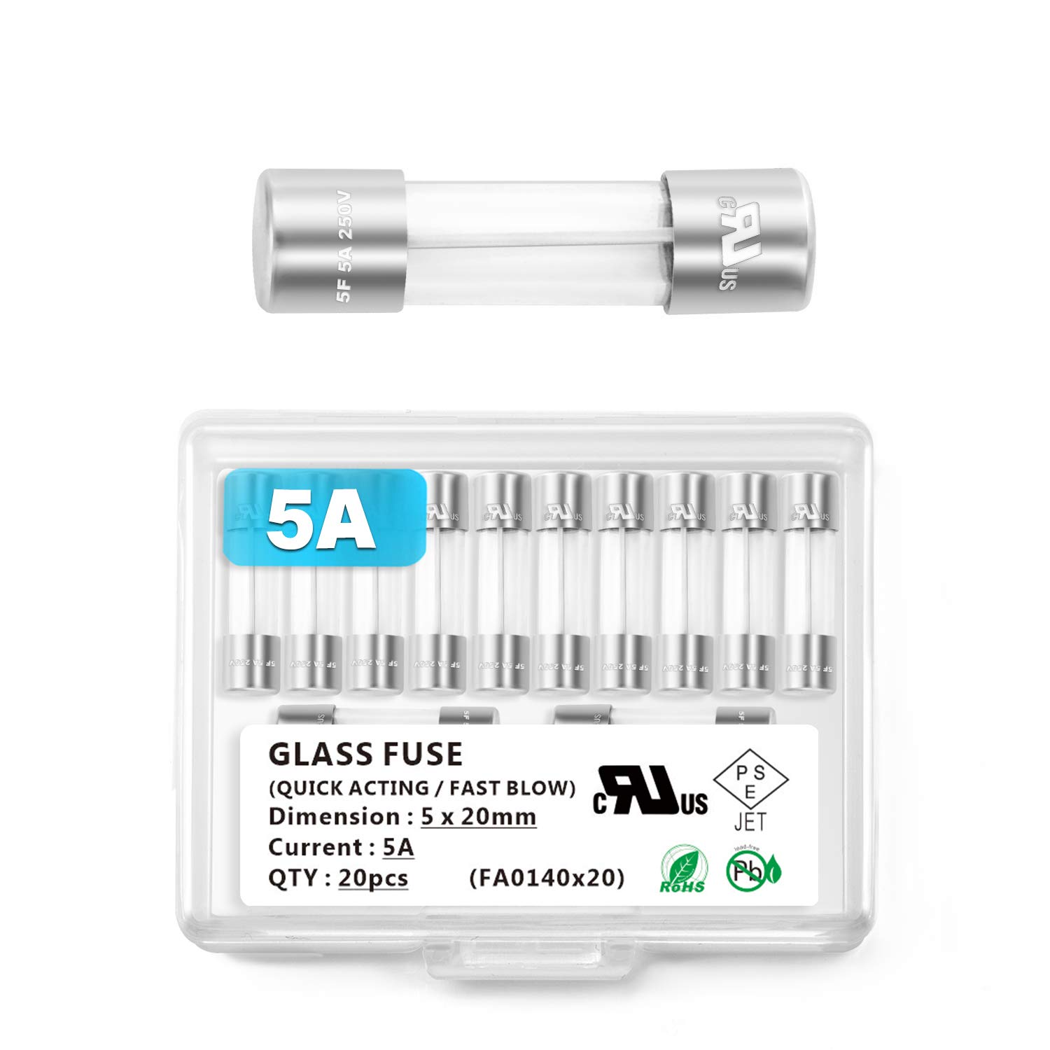Chanzon 20pcs UL Listed 5x20 5A 125V Glass AGC Cartridge Tube Fuse Fast ...