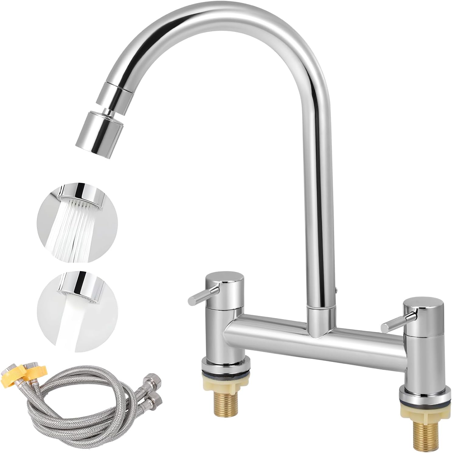 Kitchen Bridge Mixer Taps with 360° Swivel Spout, 2 Hole Sink Mixer ...