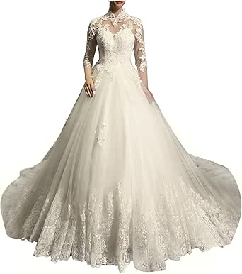 Amazon.com: Women's Ivory Lace Applique Tulle Translucent Long Sleeves ...