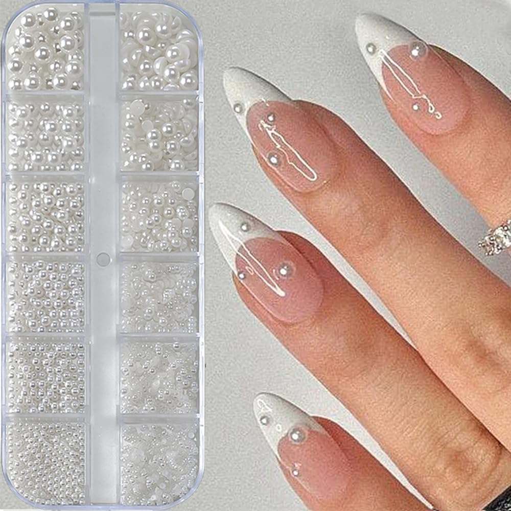 Amazon.com: 12 Grids Pearl Beads Nail Art Charms Nail Pearls White ...