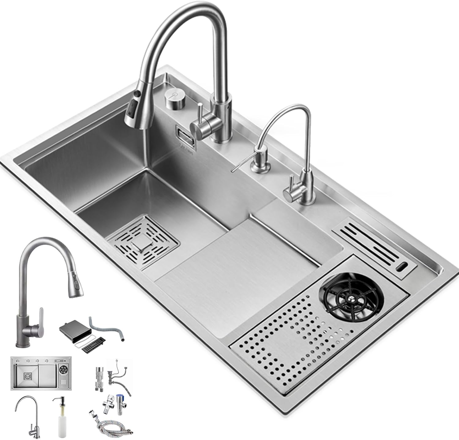 KOYGIMNDR Black Stainless Steel Kitchen Sink, Single Bowl Stepped Bar ...