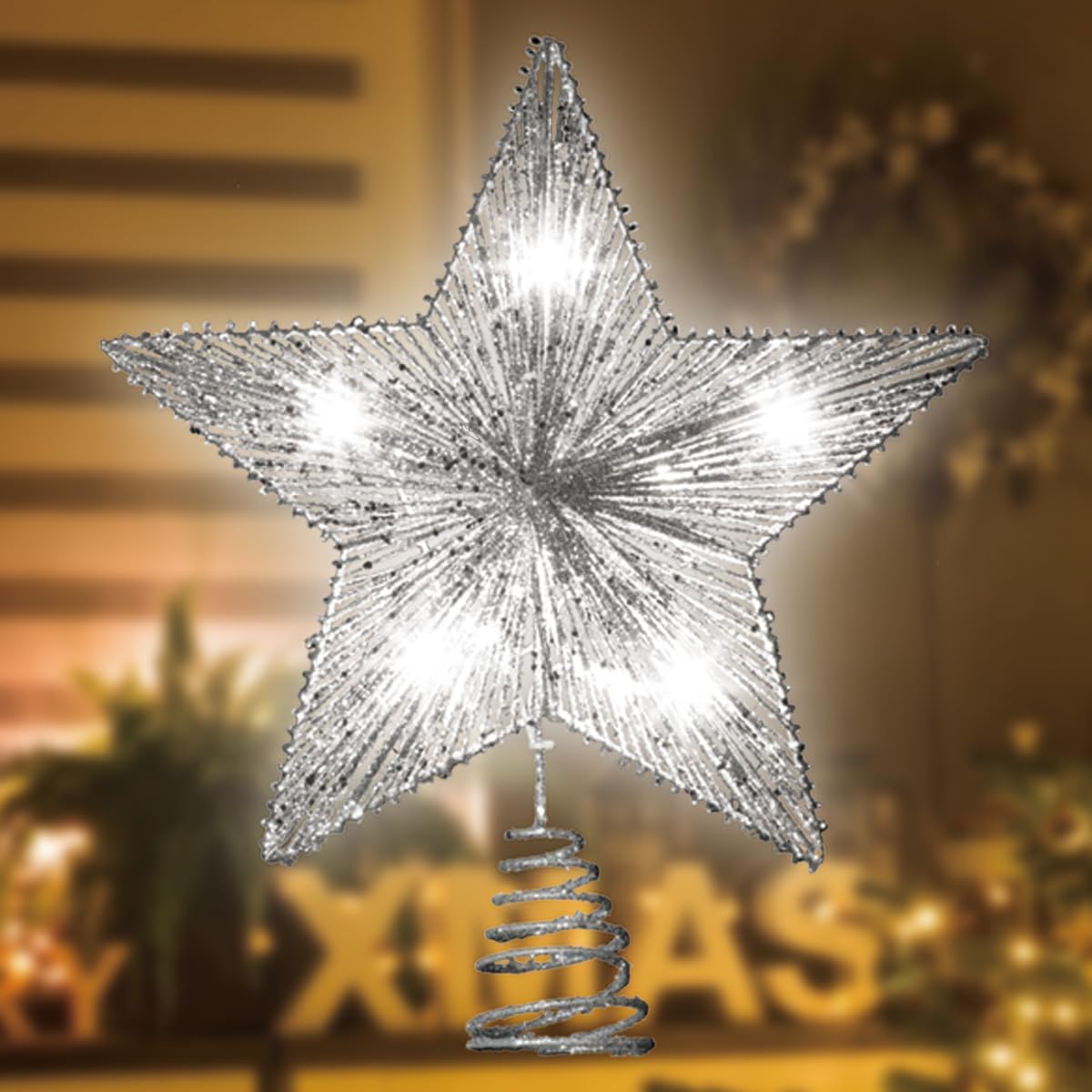 Amazon.com: LAMPHOME 11" 10 LED Lighted Silver Glitter Thread Christmas ...