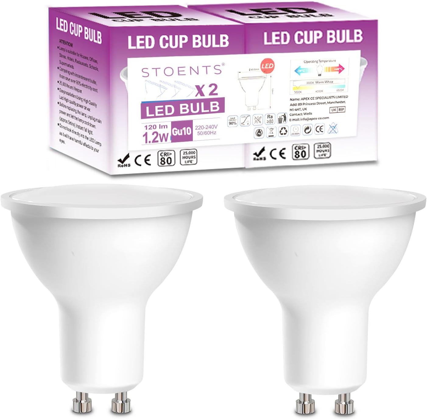 Stoents 2X 1.2W GU10 LED TOMI Warm White 3000K 105lm Lumens Equvilent ...