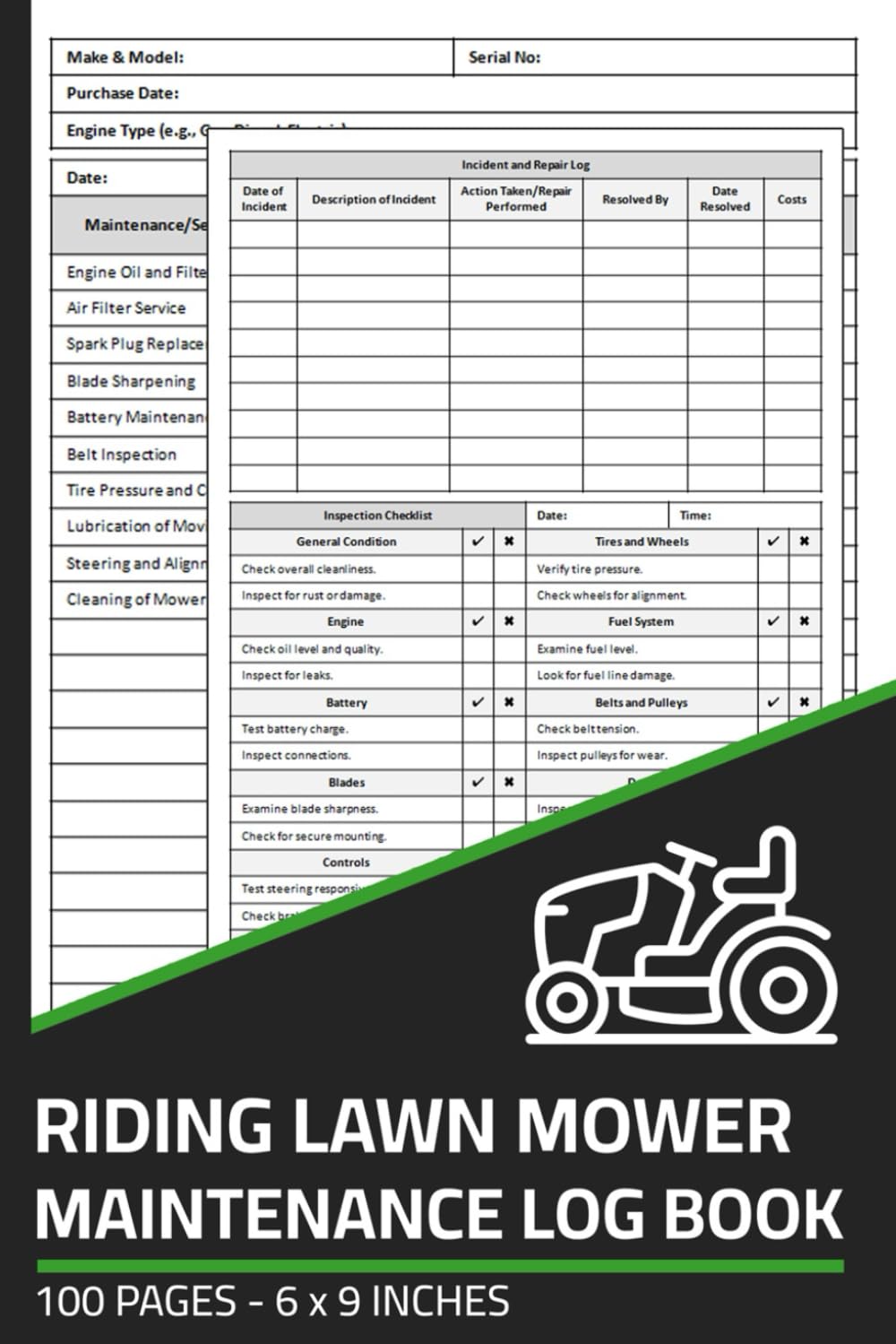 Riding Lawn Mower Maintenance Log Book: Ride On Lawn Mower Repair ...