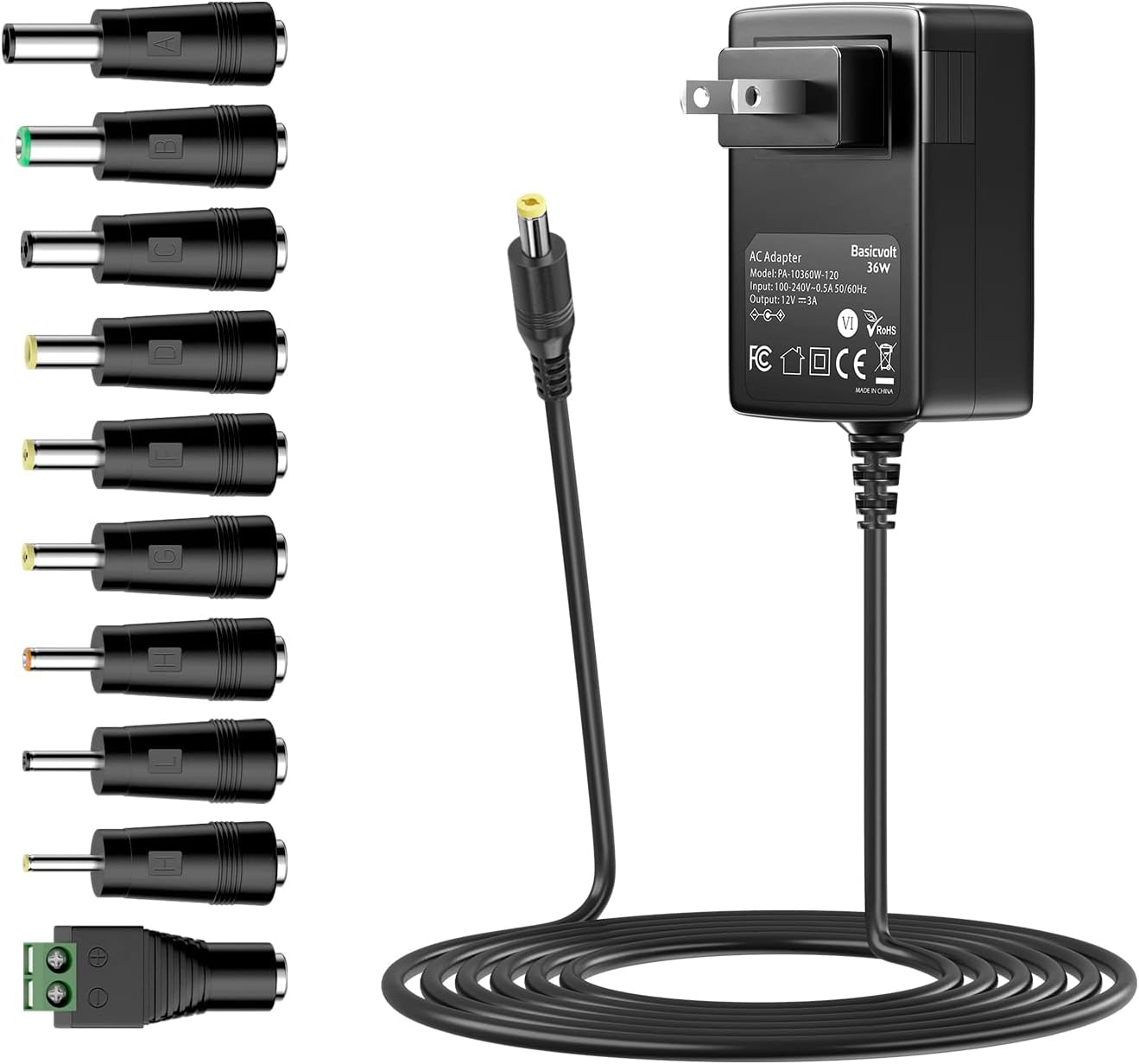 Basicvolt 12V 3A AC/DC Adapter Universal Power Supply with 10 DC Plugs ...