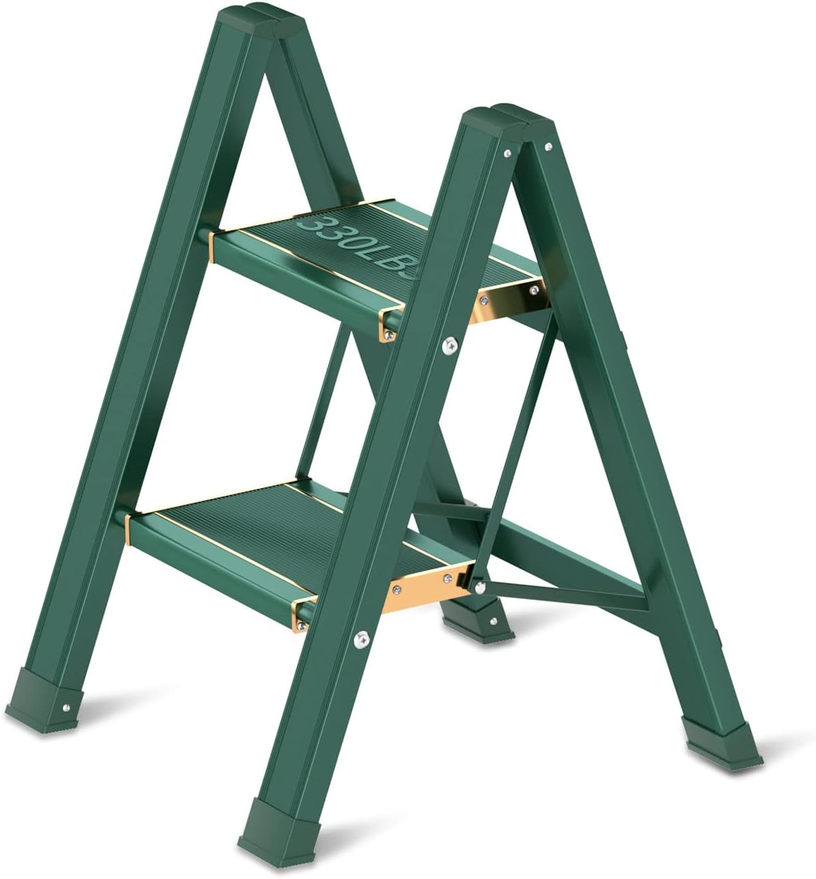 2 Step Ladder, Folding Step Stool with Wide Anti-Slip Gold Wide Pedal ...