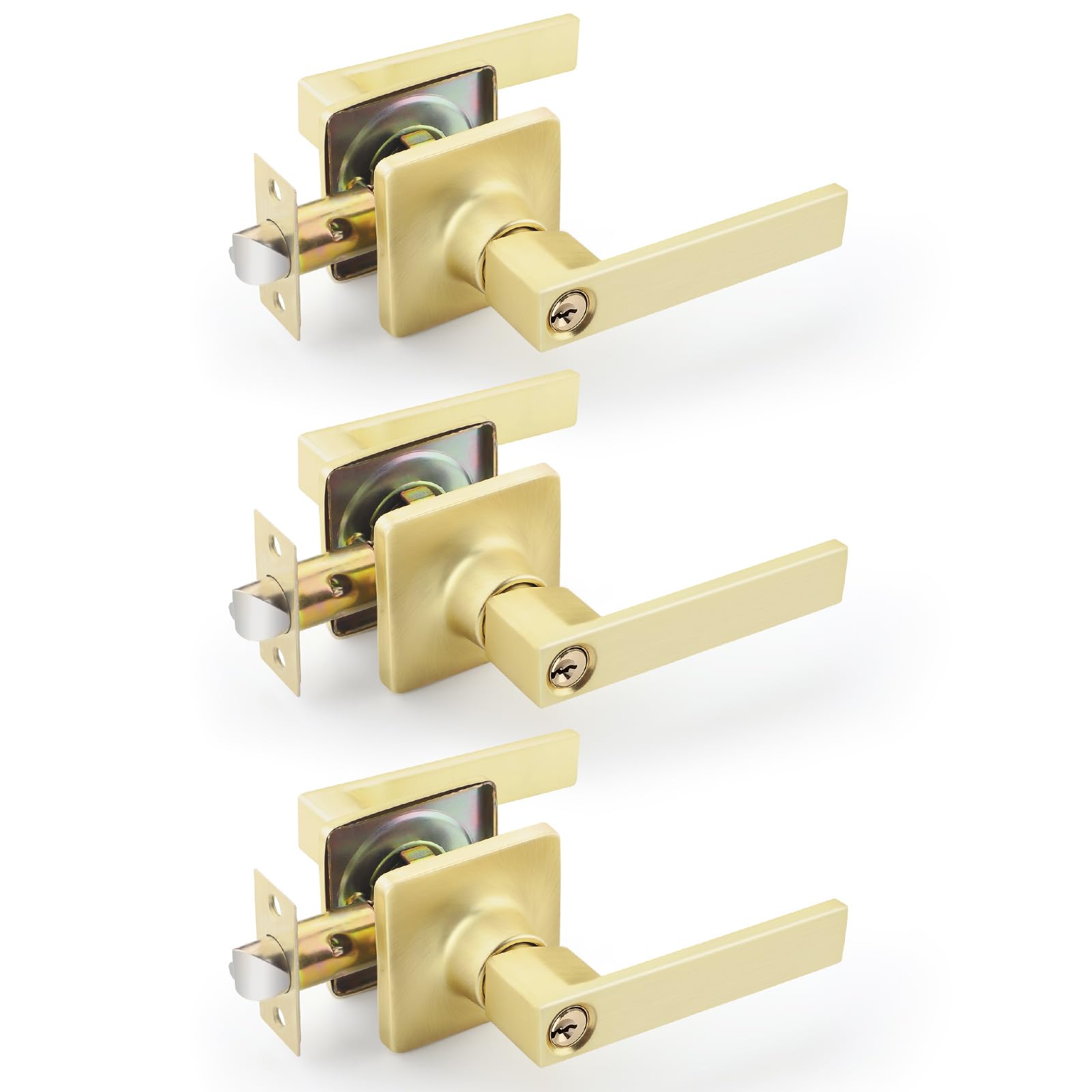 Snapklik.com : Gold Door Handle 3 Pcs, Keyed Entry Door Levers Satin ...