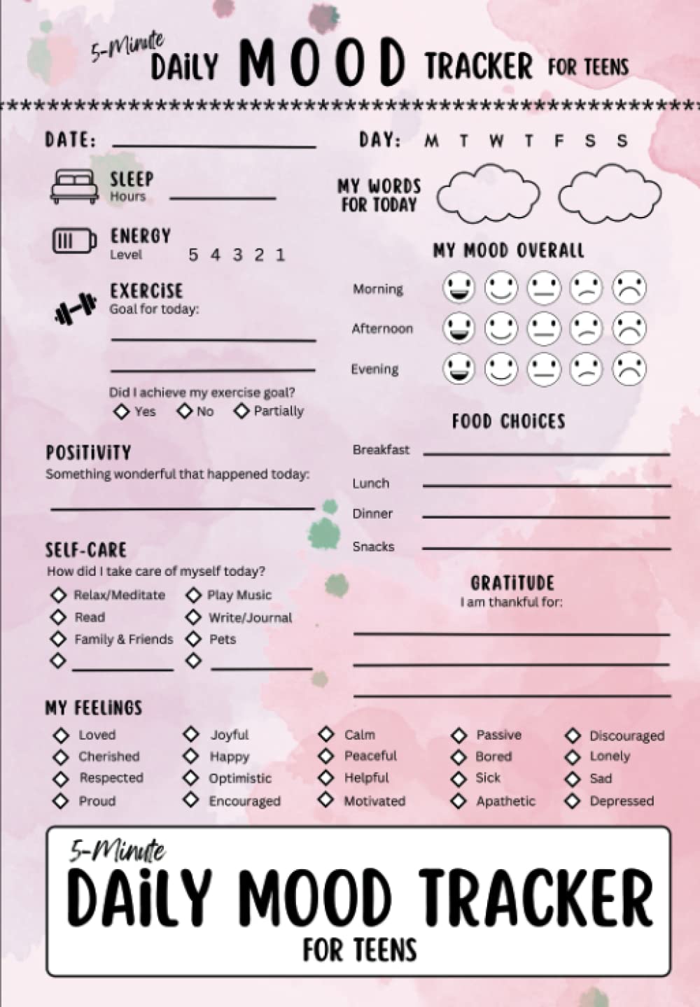 5-Minute Daily Mood Tracker for Teens: Self-Care Activities Log Book ...