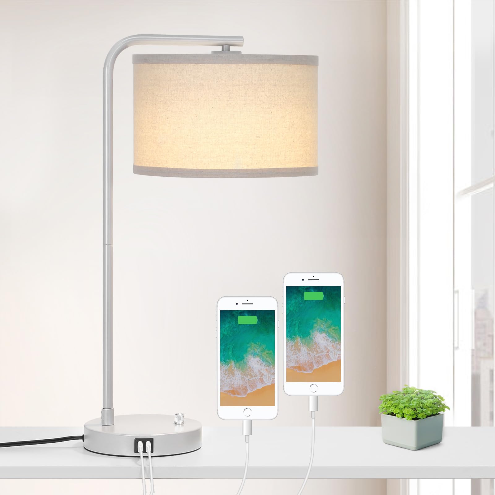 Table Lamp with USB Ports, Fully Dimmable Nightstand Lamp for Living ...