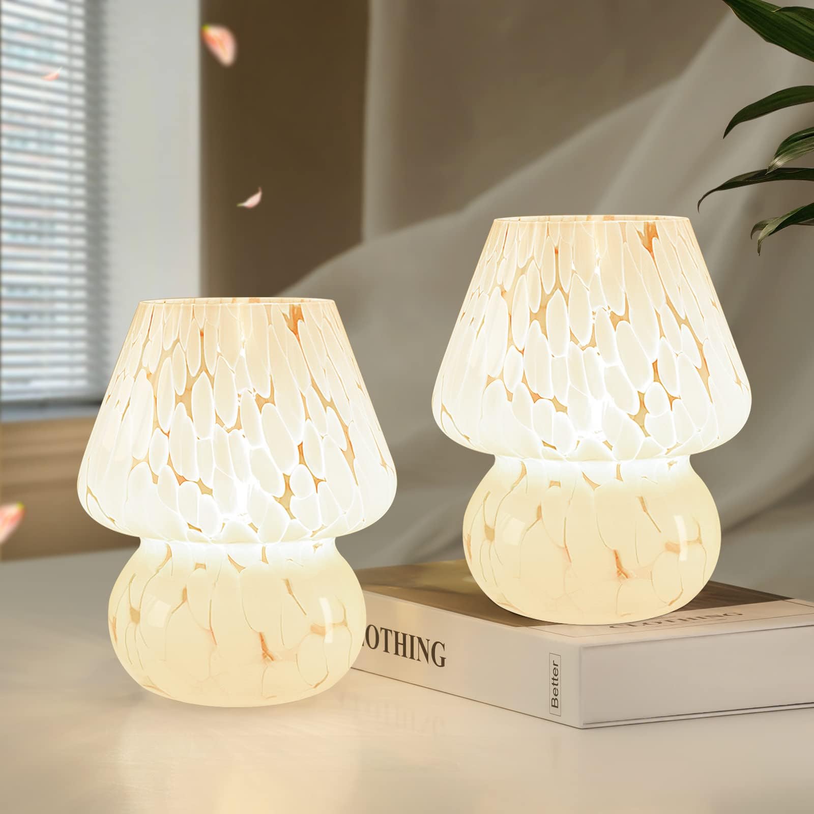ONEWISH Mushroom Lamp, Bedside Table Lamp Set of 2, Small Glass Lamp ...