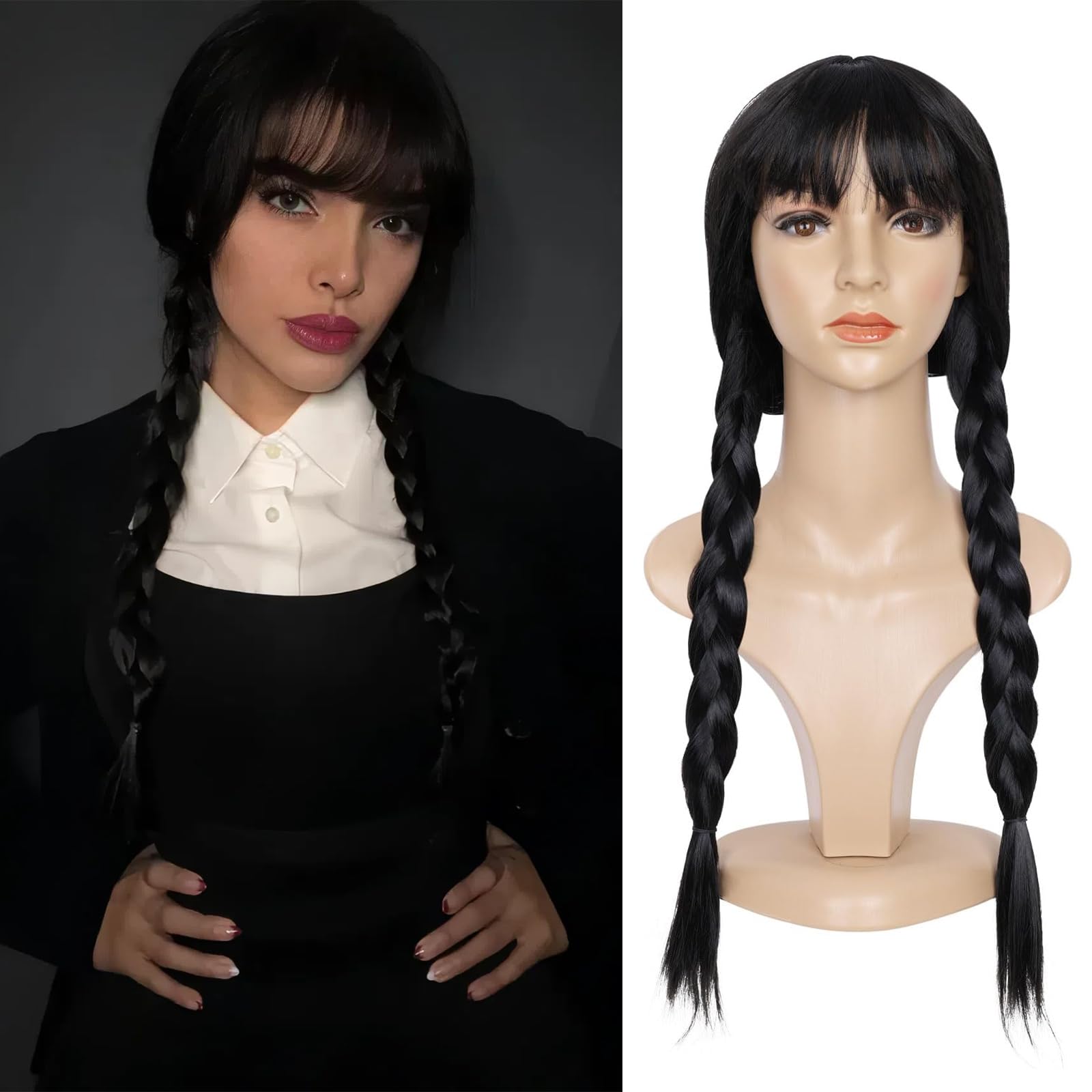 Amazon.com: QUEENTAS Braided Black Pigtail Wig for Women Gothic Long ...