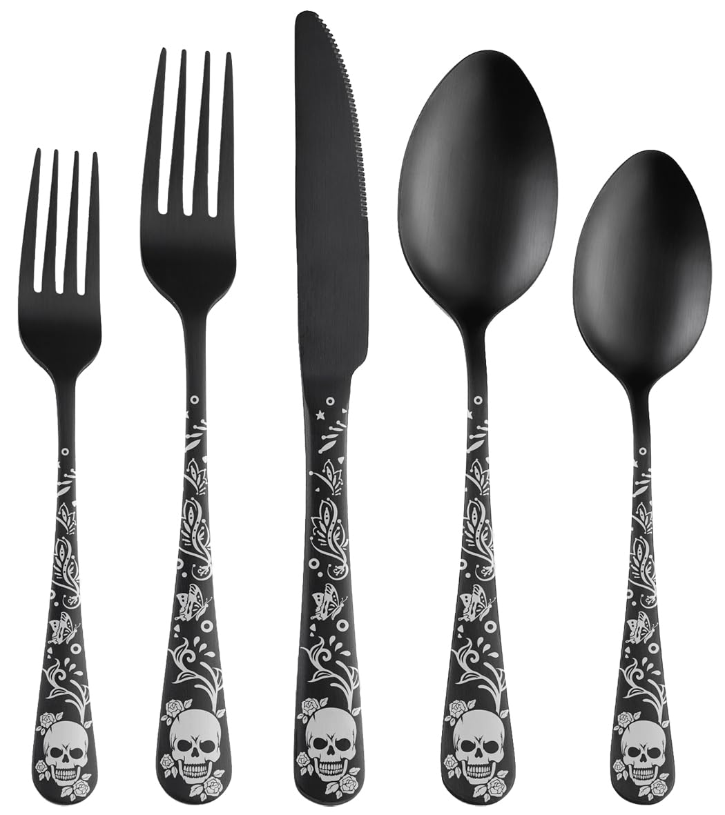 XIAOYU 5 Piece Black Bizarre Skull Flatware Set, Gothic Matte ...