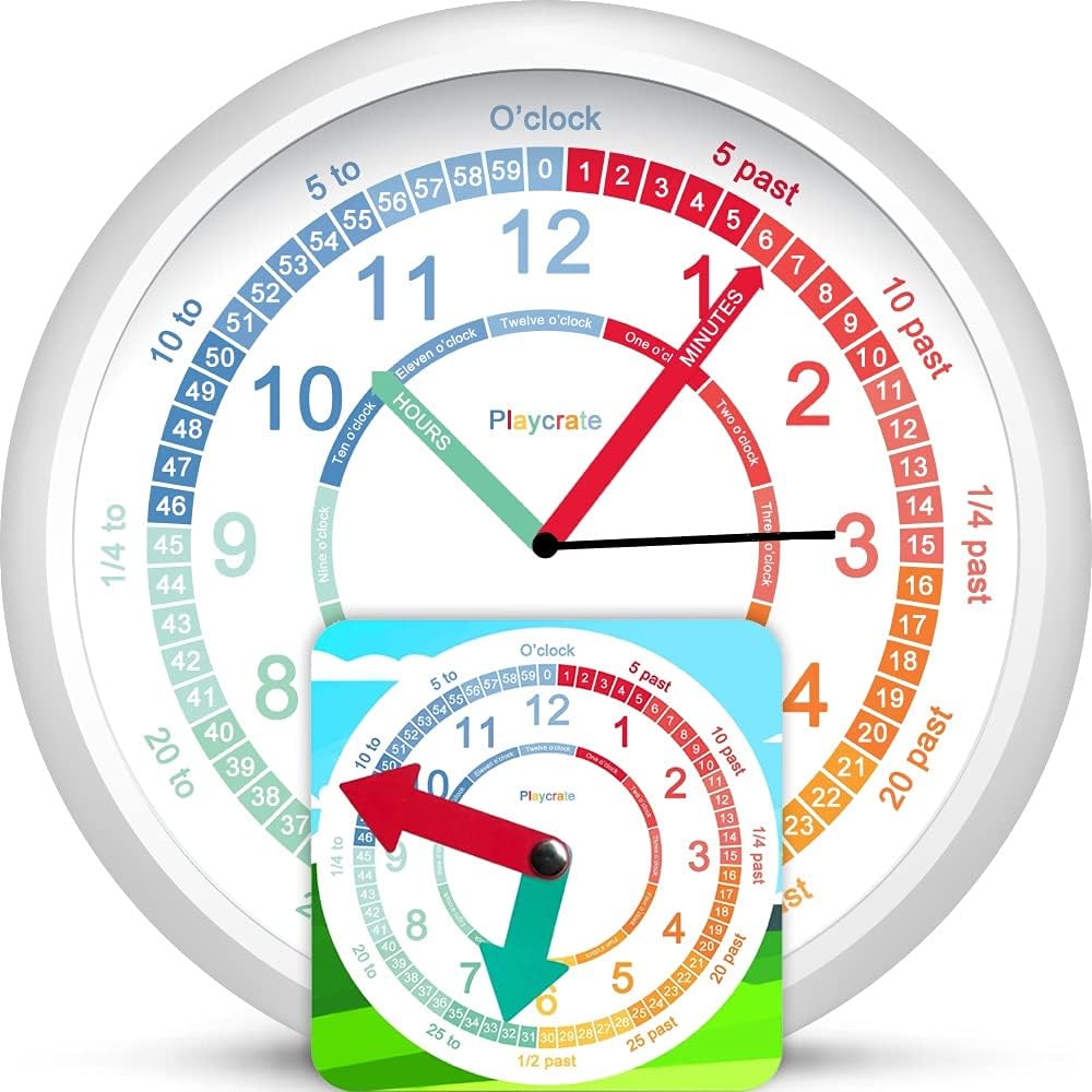 Kids Learning Wall Clock – Time Teacher Educational Analogue Watch – Easy to Tell Time & Read ...