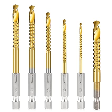 6Pcs Titanium Coated HSS Twist Drill Bits, 3-8mm Hex Shank Serrated ...