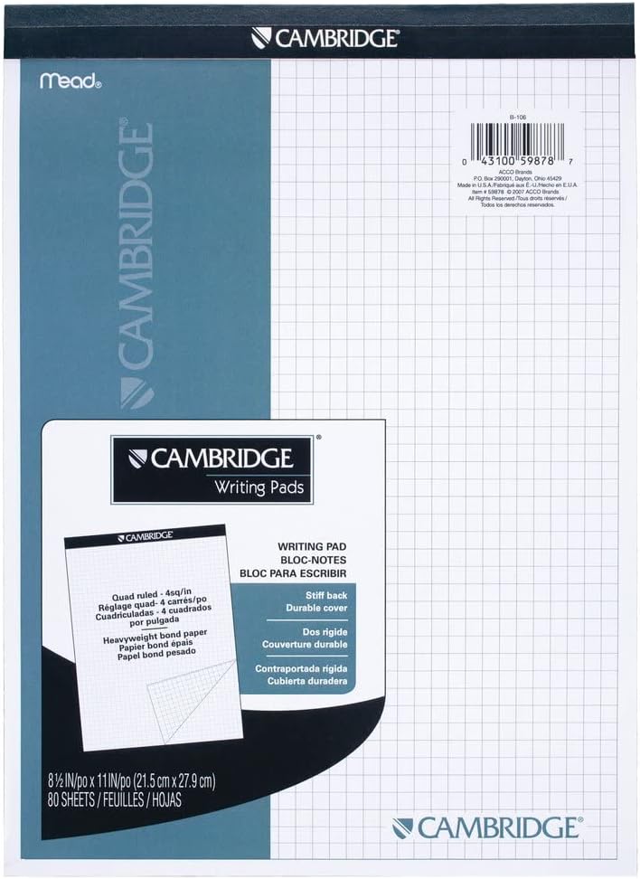 Amazon.com : Cambridge Notebook, 8-1/2" x 11", 80 Sheets, Quad Ruled ...