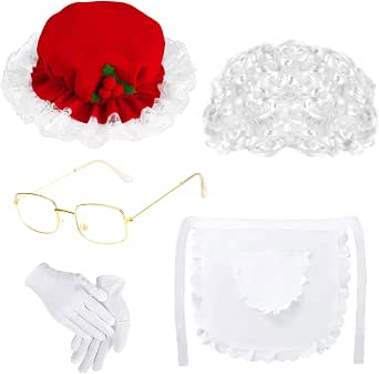 Amazon.com: 5 Pcs Women's Santa Dress Costume with Hat, Wig, Glasses ...